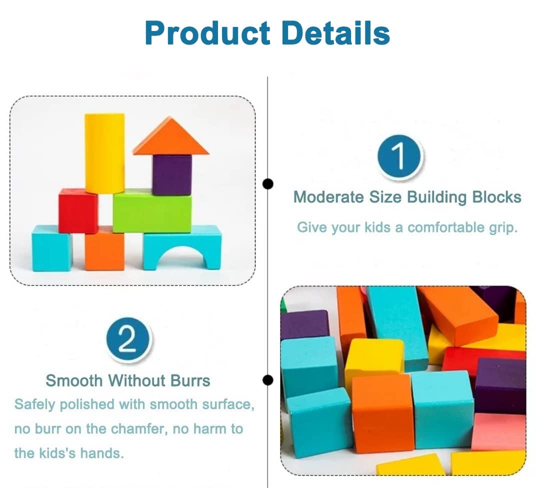 SHIMANDA Wooden Multicolour Building Blocks Set for Boys & Girls, Colorful Learning Educational Construction Toys Gift for Kids, Stacking Building Blocks for Toddlers (40 PCS)