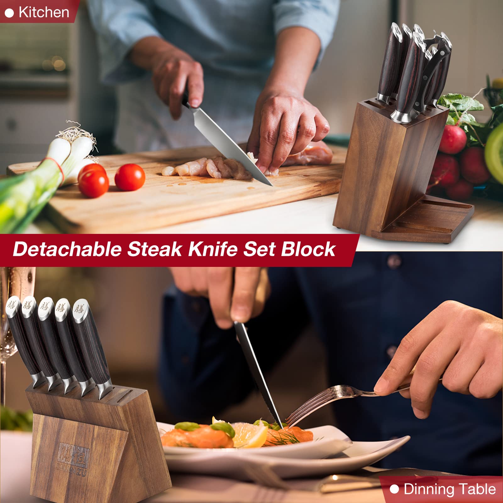 SHAN ZU Knife Set for Kitchen with 2 in 1 Knife Block, 16 Pieces German Steel Professional Chef Knife & Steak Knife Set, Ultra Sharp Kitchen Knives Set with Sharpener