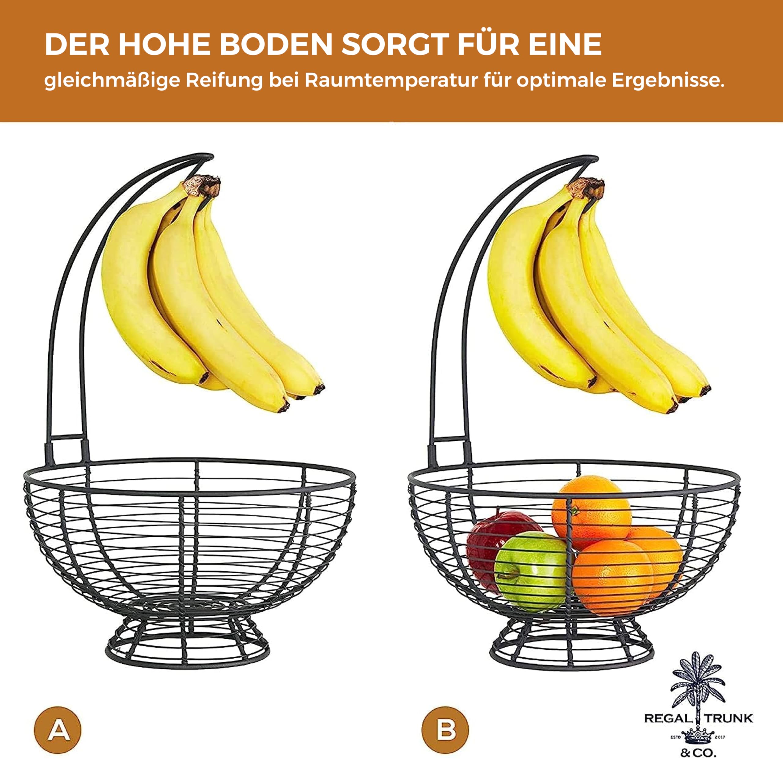 REGAL TRUNK & CO. Large Fruit Basket With Banana Hanger for Kitchen, Rustic French Farmhouse Fruit Bowl with Banana Holder Tree, Removable Banana Holder Fruit Basket, Ideal for Fruit and Vegetables