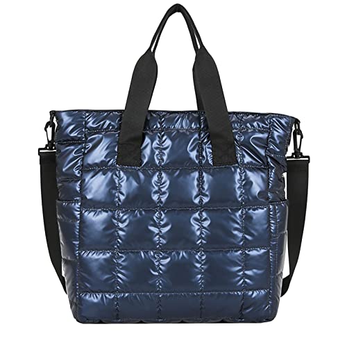 Shoulder Bag for School Women's Bags Solid Color Plaid Quilted Bag Large Capacity Zipper Nylon Shoulder (Blue, One Size)