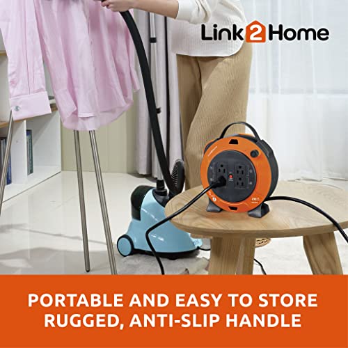 Link2Home Heavy Duty Retractable Extension Cord Reel 20 Ft. With 4 Outlets & 16AWG 3-Prong SJT Cord