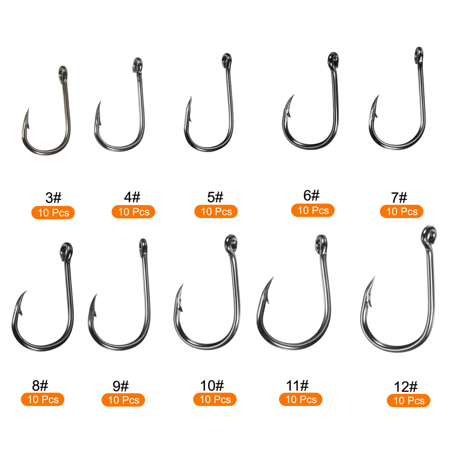 PATIKIL 10 Sizes Catfish Hooks, 100 Pack 3#-12# Claw Fish Hook Fishing Hook High Carbon Steel J Shaped with Barbs for Freshwater Saltwater, Black