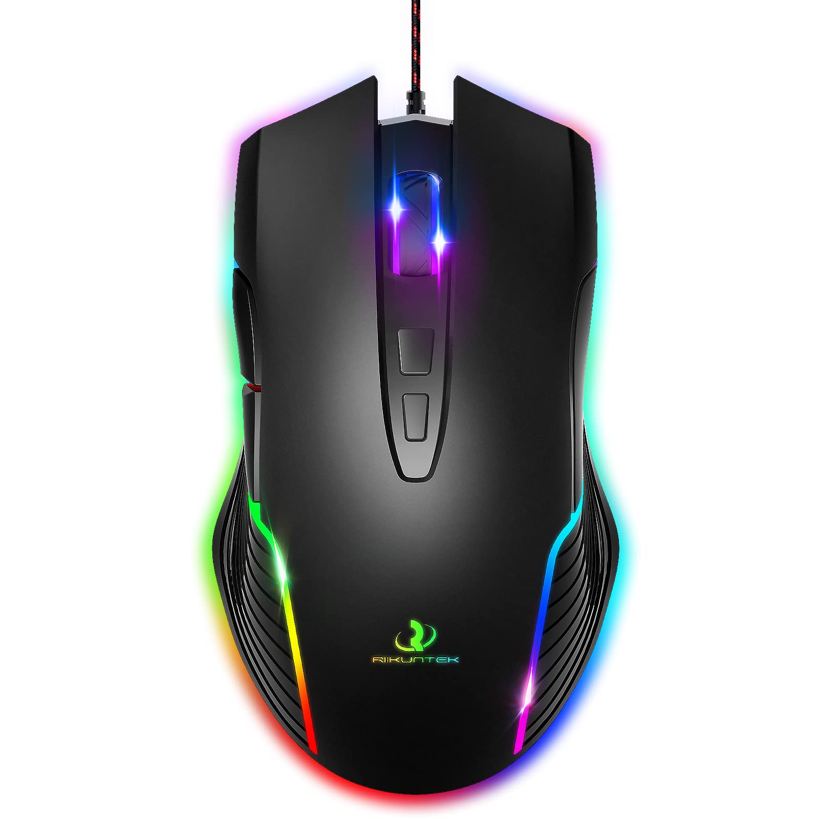 RIIKUNTEK Gaming Mouse Wired, Computer Mouse with 7 Programmable Buttons(One-key Fire/Desktop), 7200 DPI, 12 Backlits, Ergonomic Optical USB Game Mouse with Side Buttons for PC, Laptop Black