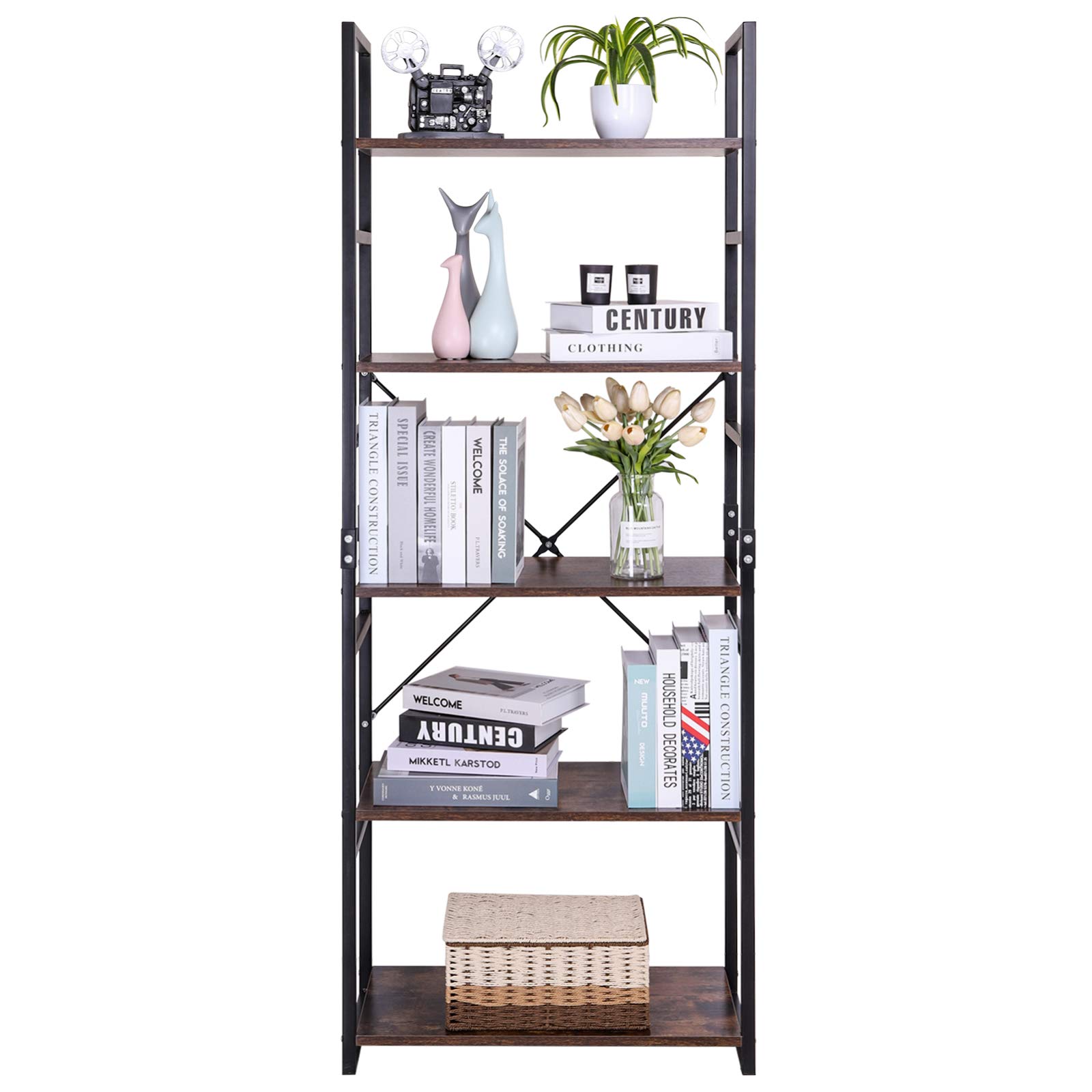 LLIVEKIT Bookshelf Tall 5-Tier Bookcase Wood Display Standing Shelf Units Storage Organizer for Home Office Industrial