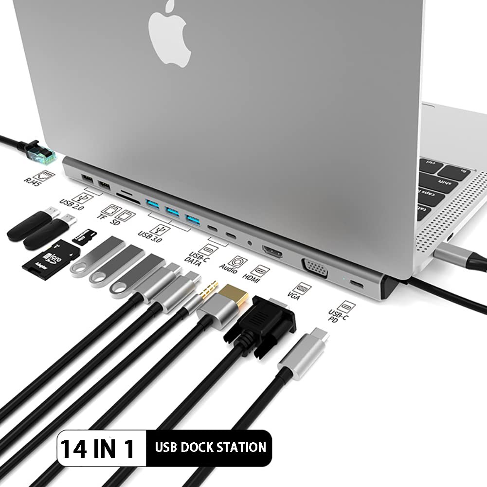 USB C Hub,USB-C Laptop Docking Station,14 in 1 Type C Adapter Compatible for MacBook and Windows(HDMI VGA PD3.0 SD TF Card Reader Gigabit Ethernet USB Ports)