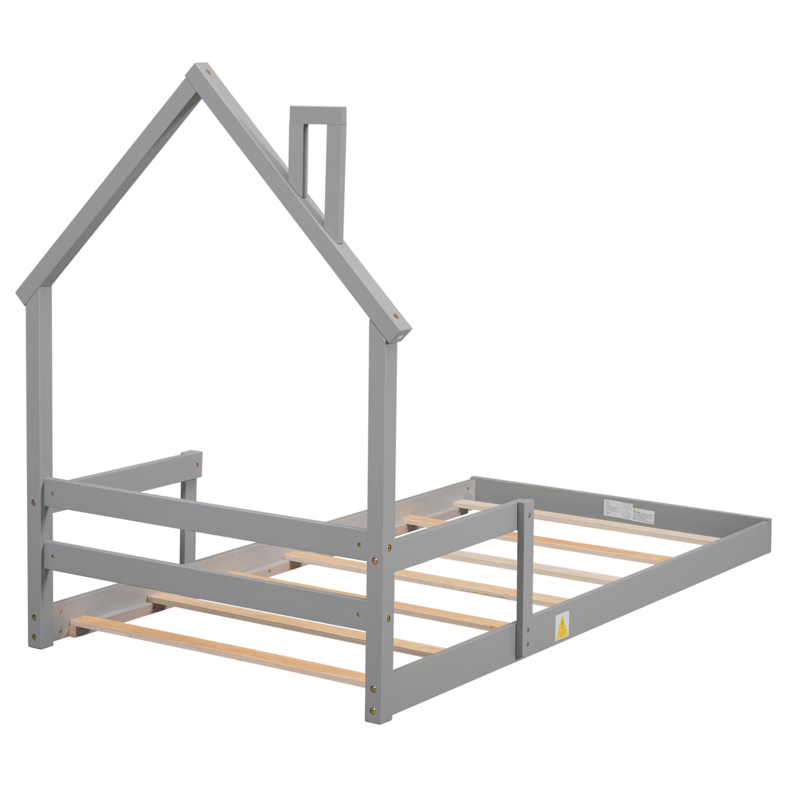 Zyerch Twin House-Shaped Headboard Floor Bed with Handrails,Wooden Bed Frame with Slat for Kids, Teens, Boys Or Girls,Grey