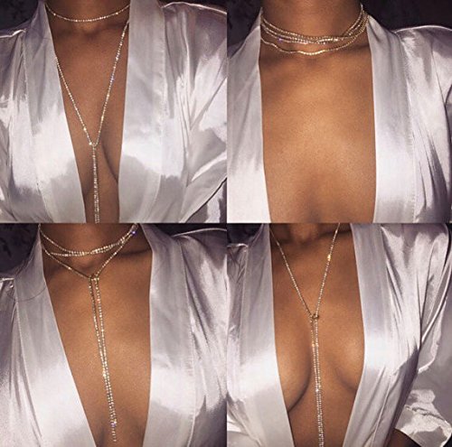Kercisbeauty Multi Row Boho Tennis Chain Rhinestones Choker Long Chain Necklace for Women Jewelry (Silver)