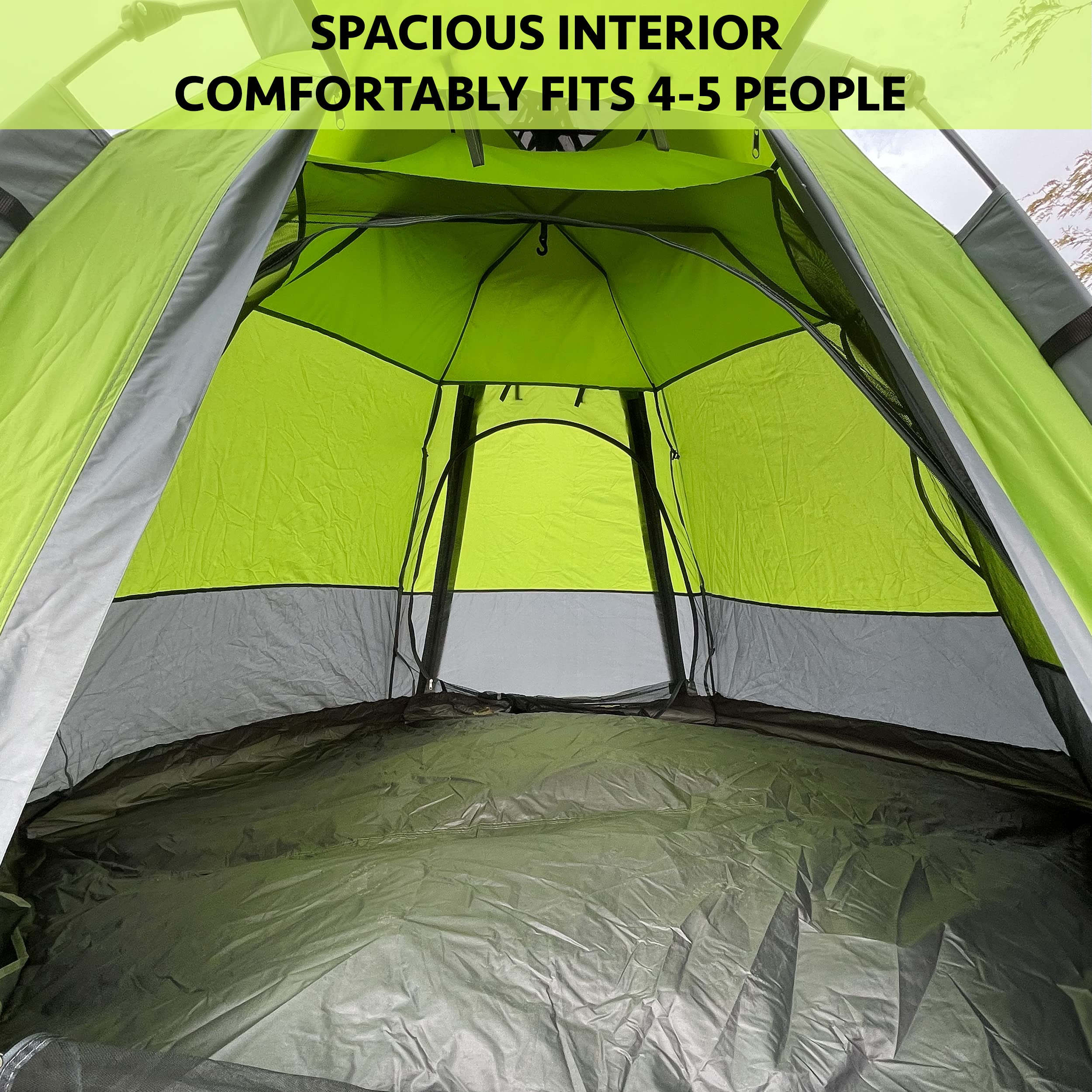 NEH 5-Person Camping Tent Instant Setup Waterproof Double Layered Material, Green, 8.9'L x 8.9'W x 5.25'H, Portable Carry Bag Included
