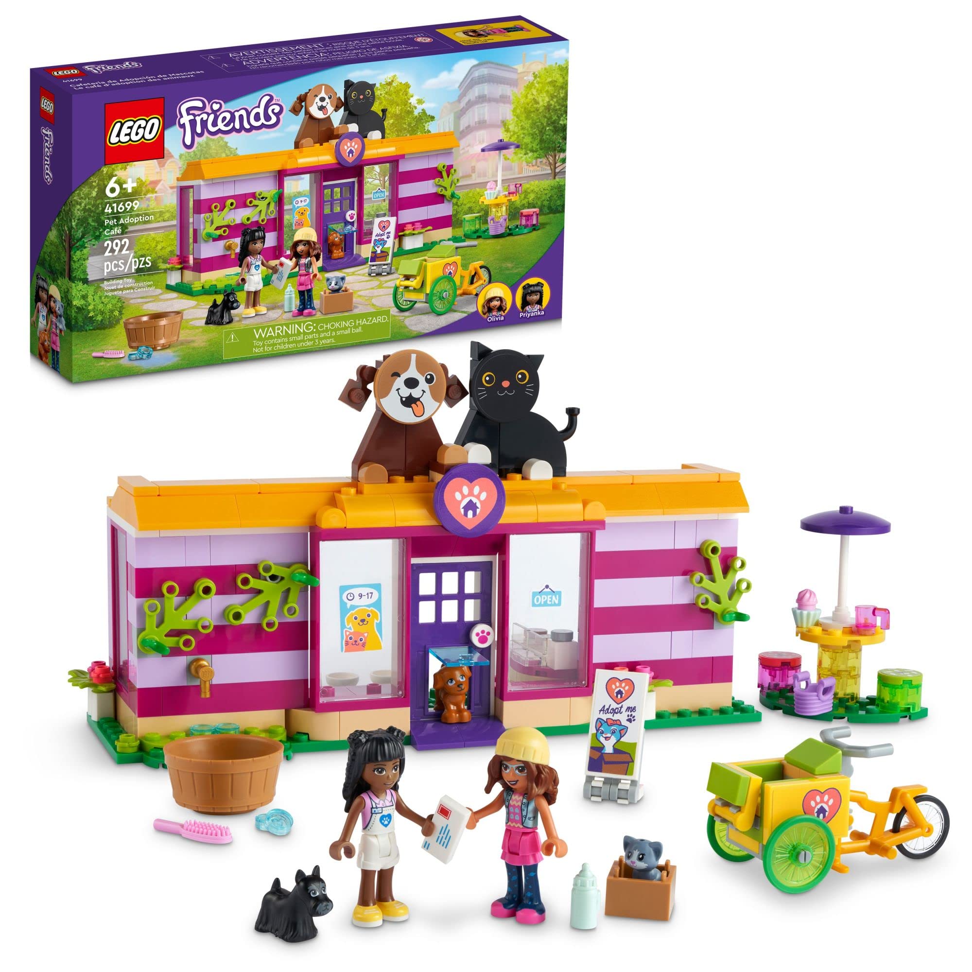 LEGO Friends Pet Adoption Cafรฉ 41699 Building Toy - Collectible Animal Rescue Set with Olivia & Priyanka Mini-Dolls, Cat & Dog Figures, Creative Toys for Boys, Girls, and Kids Ages 6+