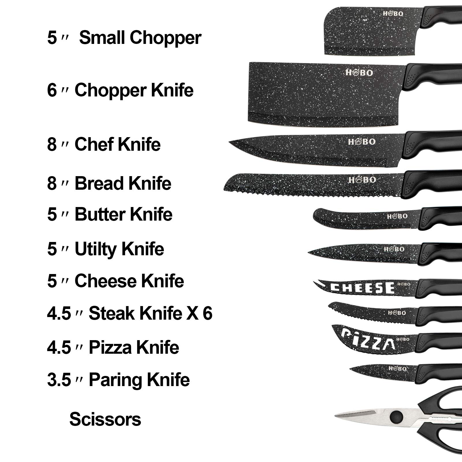 Knife Set, HOBO 17-Piece Kitchen Knives Set, German Stainless Steel Chef Knife Set with Acrylic Block, 6 Steak Knives, Professional Non-Slip Handle, Kitchen Scissors, Cooking Black Knife Set