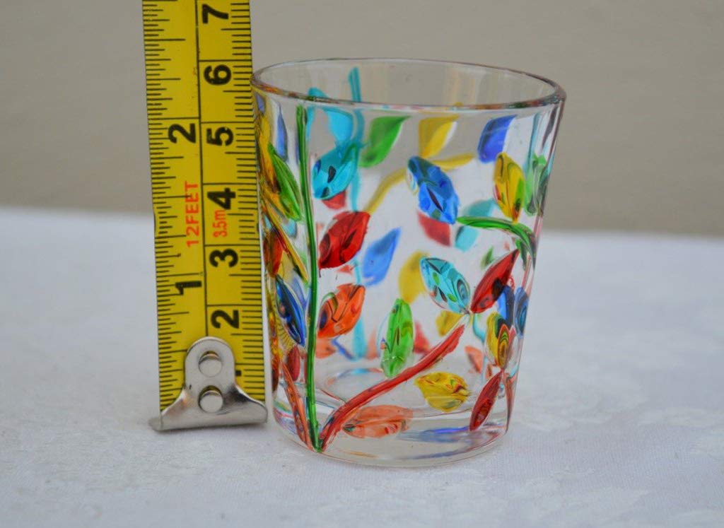 Murano Glass Italian Crystal Shot Glasses, Hand Painted Flowervine Pattern, Set of 6 - Made In Italy