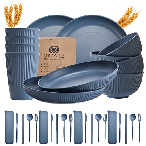 Wheat Straw Dinnerware Sets – Wheat Straw Plates and Bowls Sets with Cups and Cutlery – Eco-Friendly Unbreakable Dinnerware – Reusable Wheat Straw Plates – Microwaveable and Dishwasher-Safe
