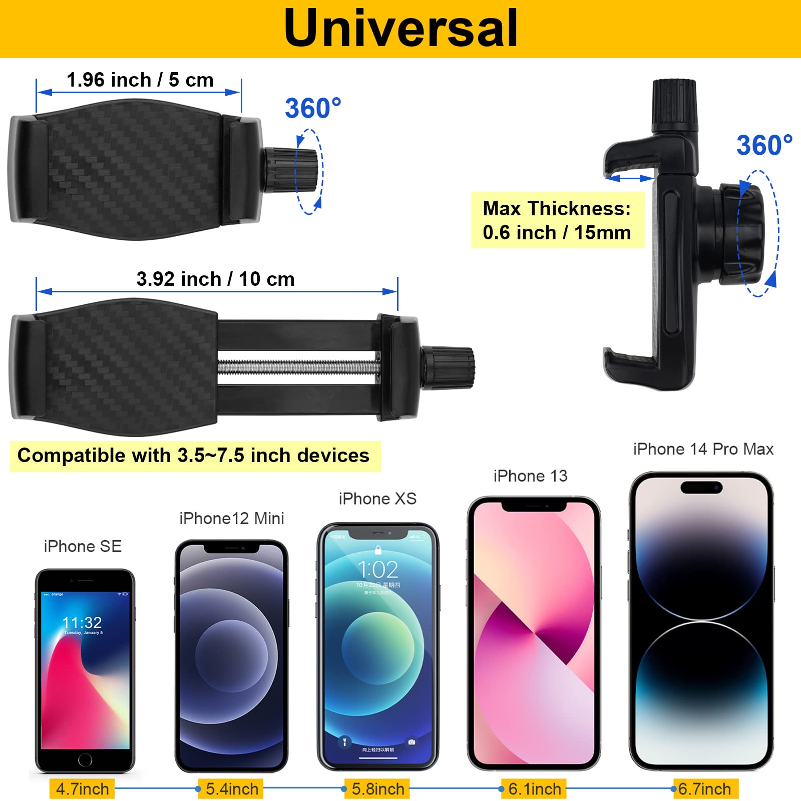 Mippko Phone Holder for Golf Cart/Microphone Stand/Shopping Cart/Railing/Handlebar/Rod,Fit for 3.5~7.5 inch iPhone/Nexus/HTC/LG/Smartphone,360°Adjustable Clip Aluminum Alloy Mount