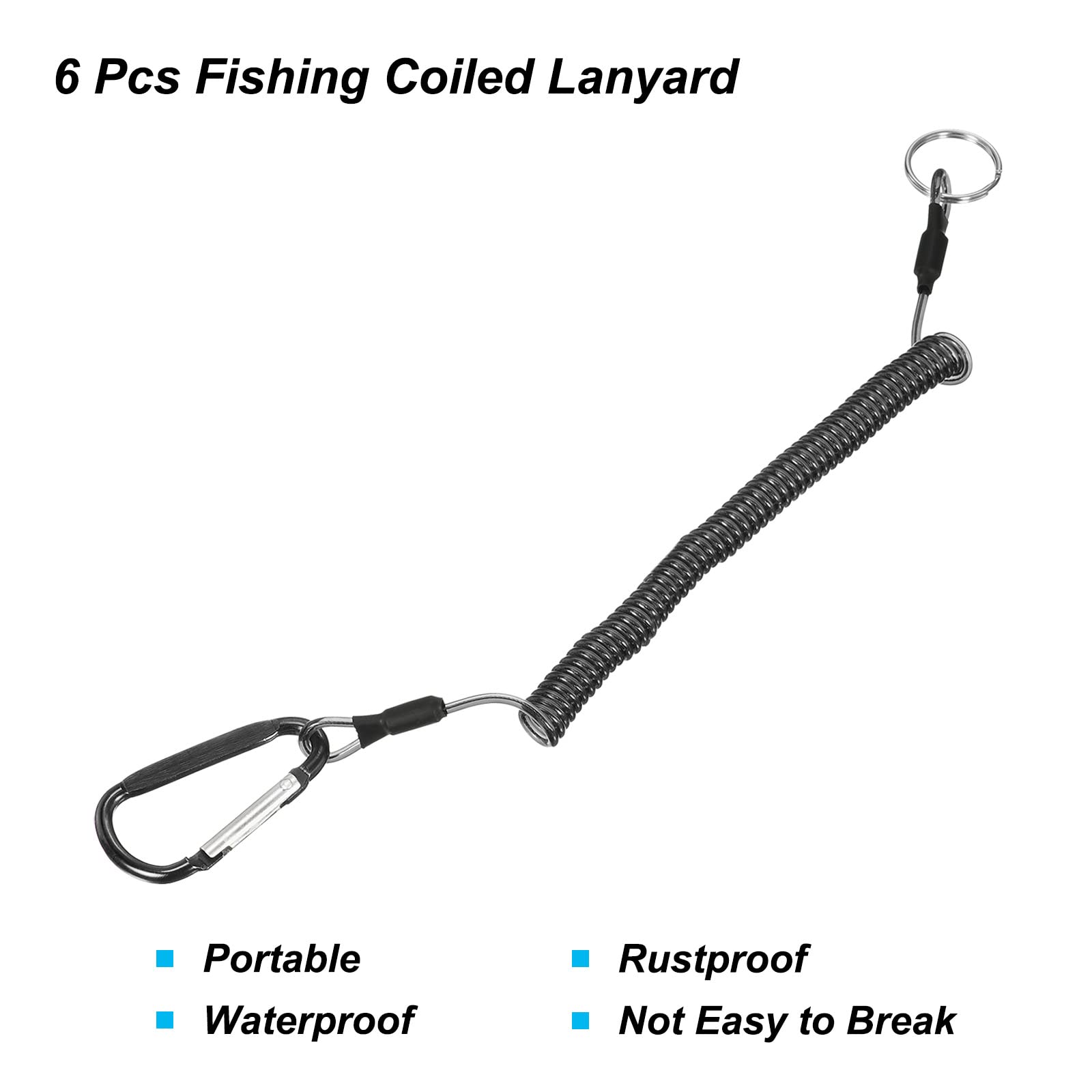 PATIKIL 4.9ft Fishing Tool Lanyard, 6 Pack Safety Cord Spiral Lanyard Tether Retractable with Metal Clip Keychain for Boating Kayak, Clear Black