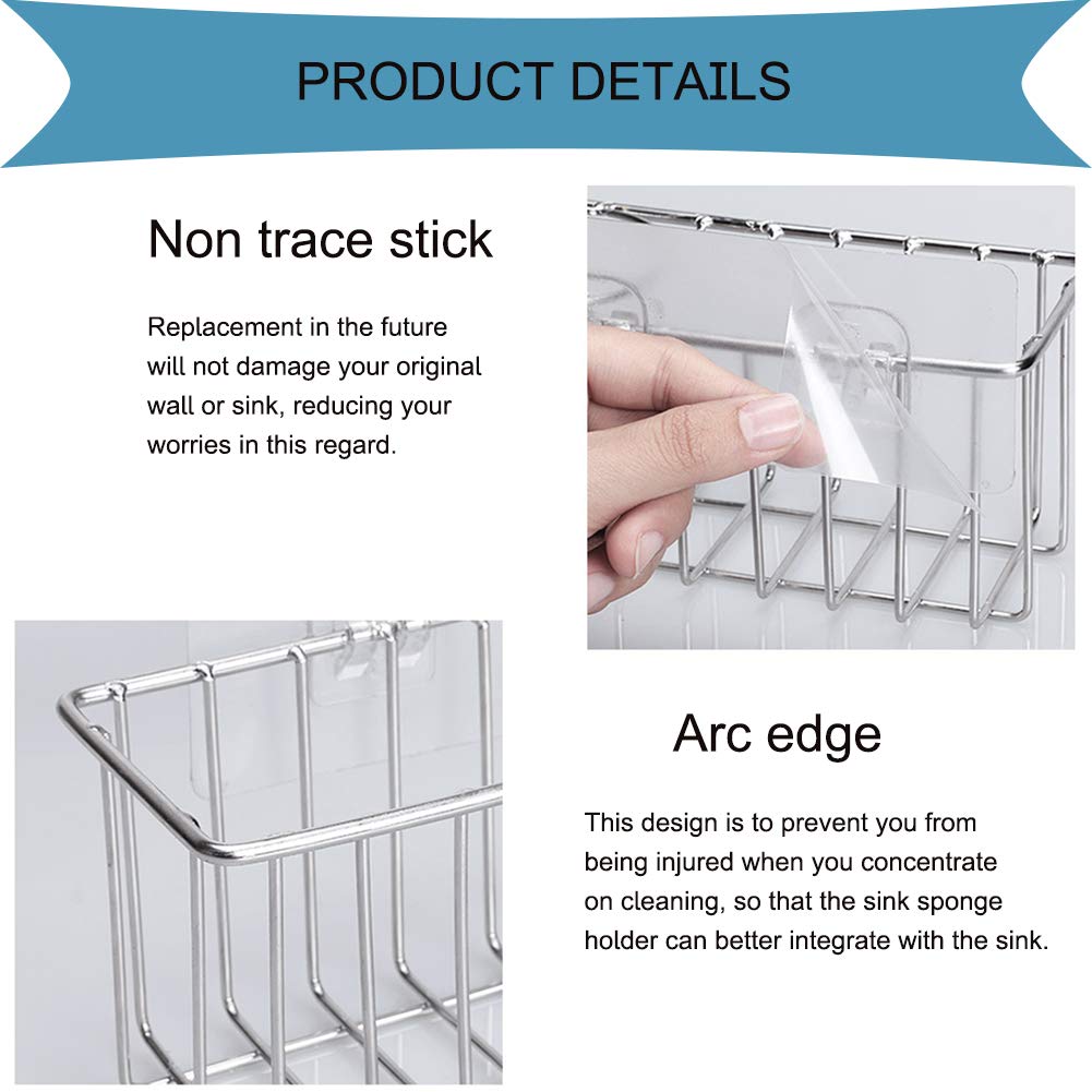 OUKALU Sink Organizer Adhesive Sponge Holder with Brush Holder, 2-in-1 Sink Caddy for Kitchen, SUS304 Stainless Steel Rustproof Waterproof,No Drilling