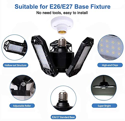 LED Garage Lights, 30W Deformable Garage Ceiling Light,3000Lumens CRI 80 6000k Led Light Bulb with 3 Adjustable Panels Basement Light