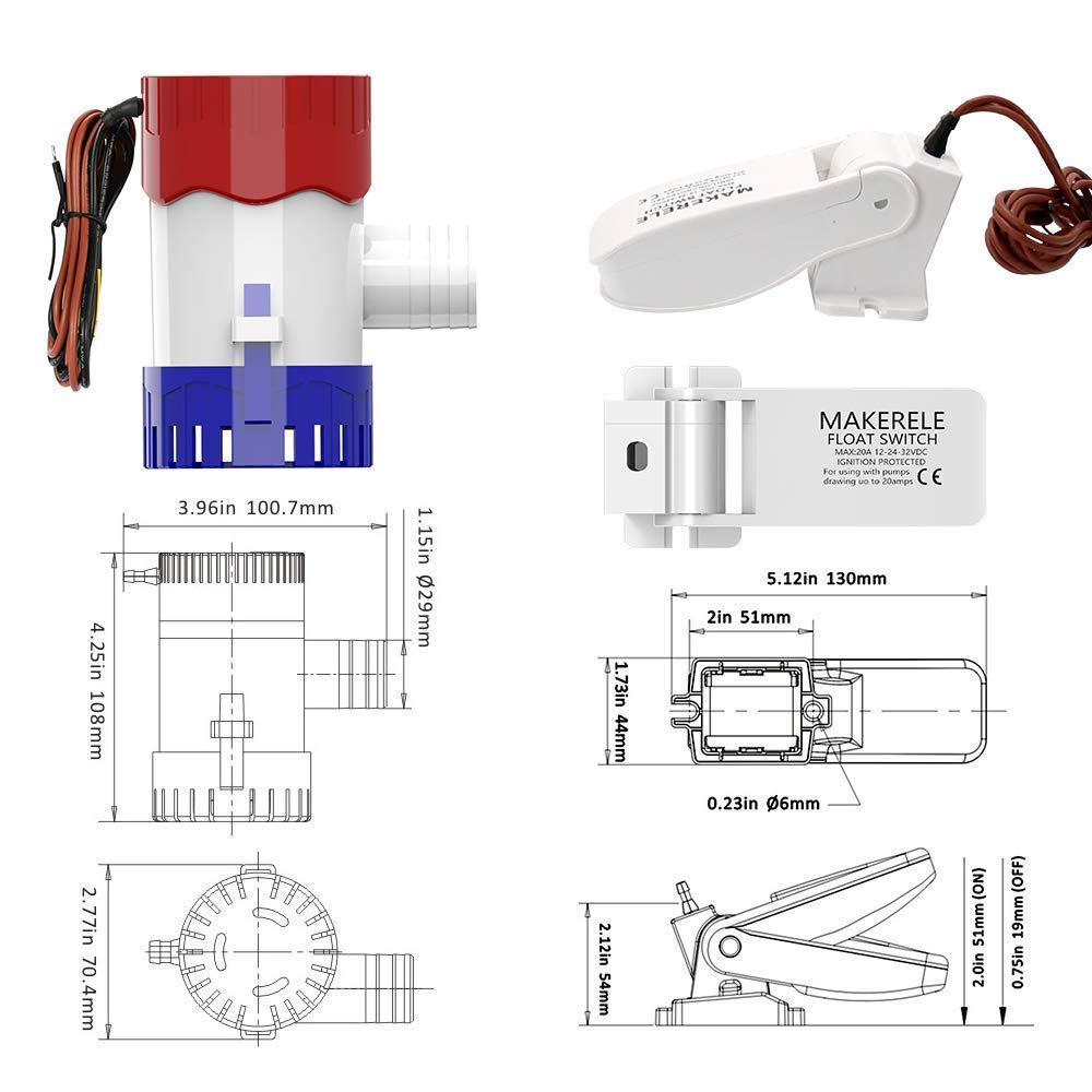 MAKERELE Submersible Boat Bilge Water Pump 12V 1100GPH with Automatic Boat Bilge Pump Float Switch 12V 24V 32V