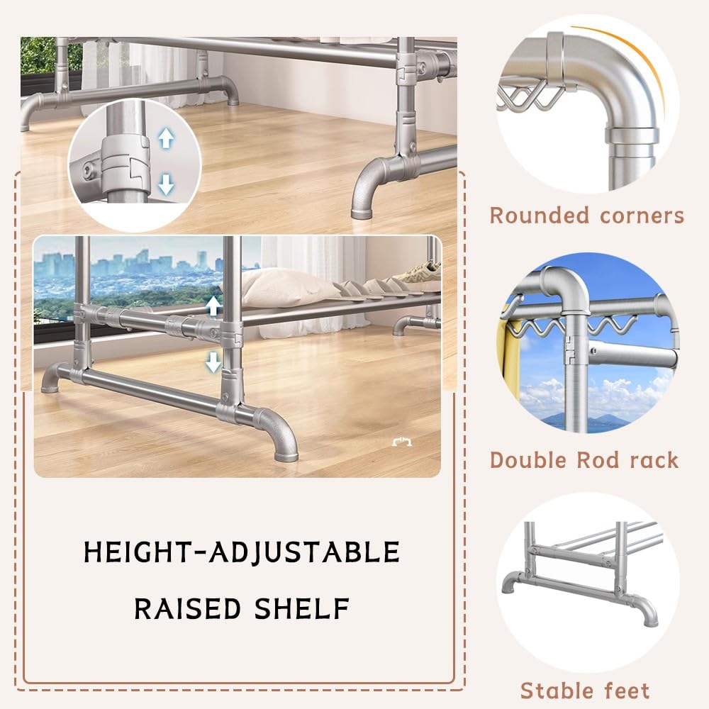WPPTNSFY Clothing Hanger for Laundry, Clothes Drying Rack 160/200cm Indoor Outdoor, Heavy Duty Adjustable Clothes Airers, Clothes Drying Rack with 2 Rods, Windproof Hooks (1.6m)