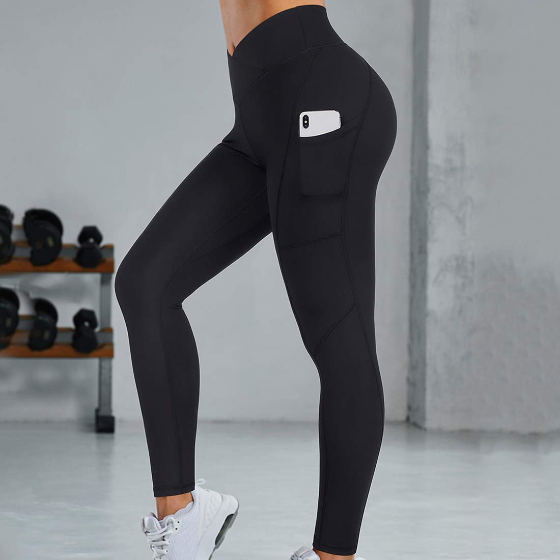 RUUHEE Women Ribbed Leggings with Pocket High Waisted Workout Gym Yoga Pants(Medium,Ribbed Black)