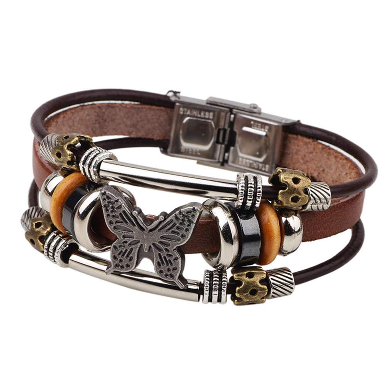MALOYANVE Bohemian Leather Bracelets for Men and Women Vintage Punk Alloy Butterfly Key Adjustable Beaded Wrap Multilayer Braided Cuff Bangles Wristband Wrist Decor Bracelet (Butterfly)