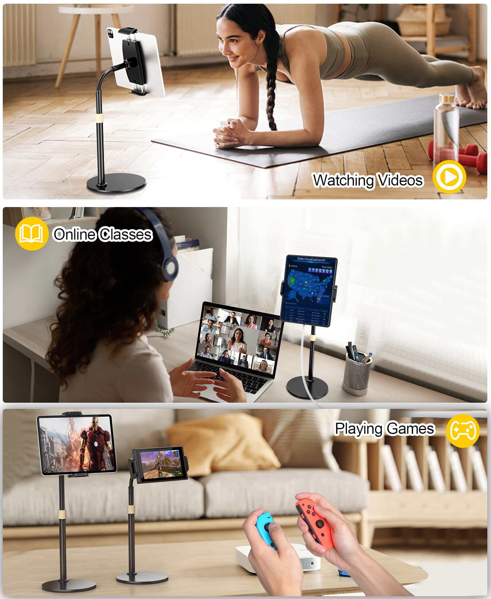 Tryone Adjustable iPad Stand, 360 Degree Rotation, Flexible Arm, Swivel, Hand Free, Compatible with 4.7 - 12.9 Inch Tablets and Cell Phones