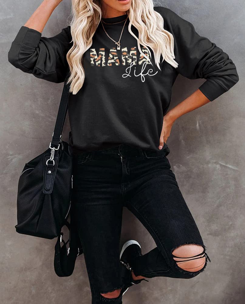Mama Life Sweatshirt Women Leopard Print T Shirt Mom Mode Lightweight Pullover Blouse Mother Gift Long Sleeve Tee Top Gray