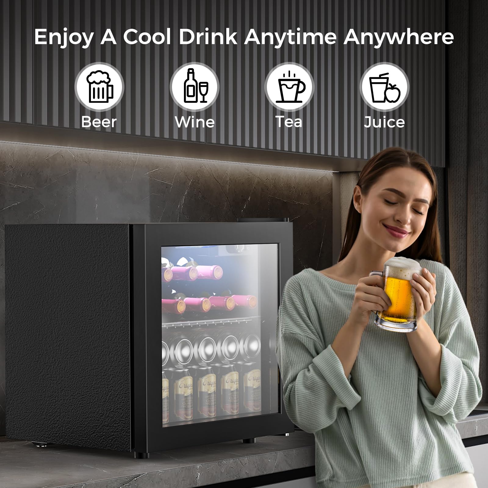 Kndko 1.3 Cu.Ft 12 Bottle 48 Can Beverage Refrigerator, Small Fridge with Tinted Double Pane Glass Door for Wine Beer Soda, Drink Cooler for Home Office Bar with Stainless Shelving