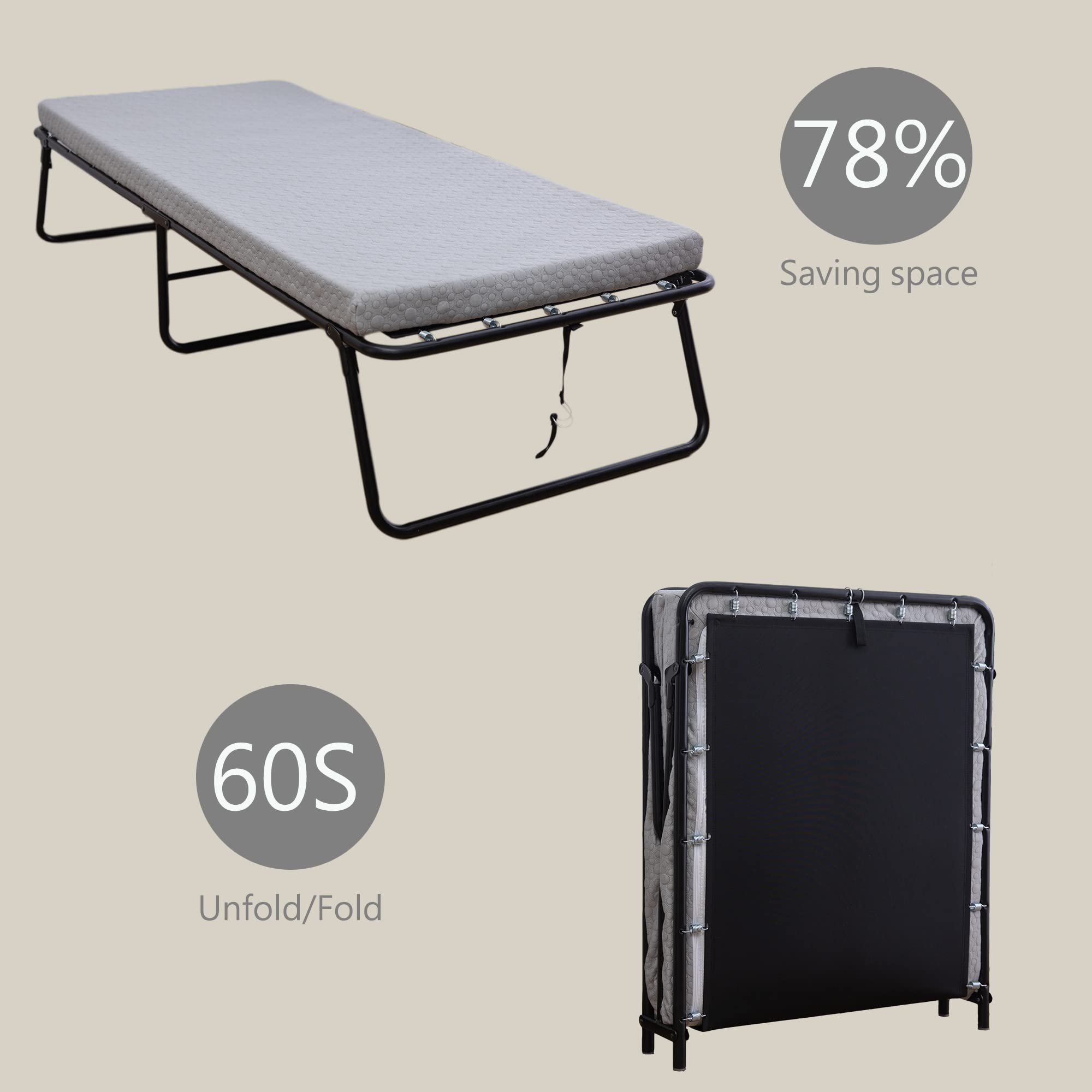 LEISUIT Folding Bed with Memory Foam Mattress - Portable Fold Up Bed - Luxurious Foldable Bed with Frame - Foldaway Guest Bed - Hideaway Cot for Adults,Grey