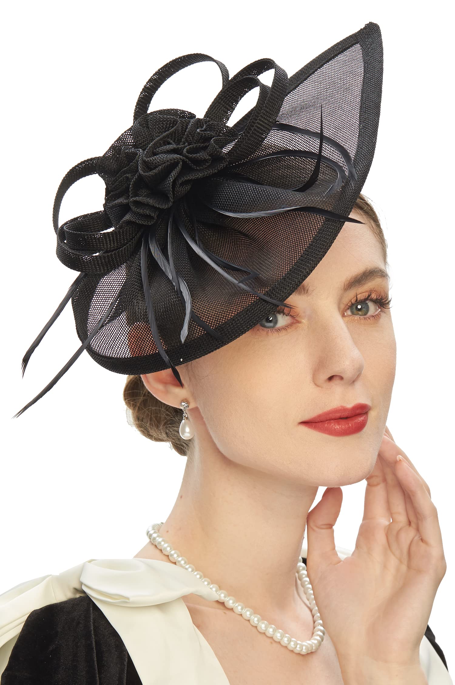 Pillbox Hats 20s 50s Vintage Fascinators for Women with Feather Mesh Veil Headband Bridal Wedding Tea Party (F-Black)
