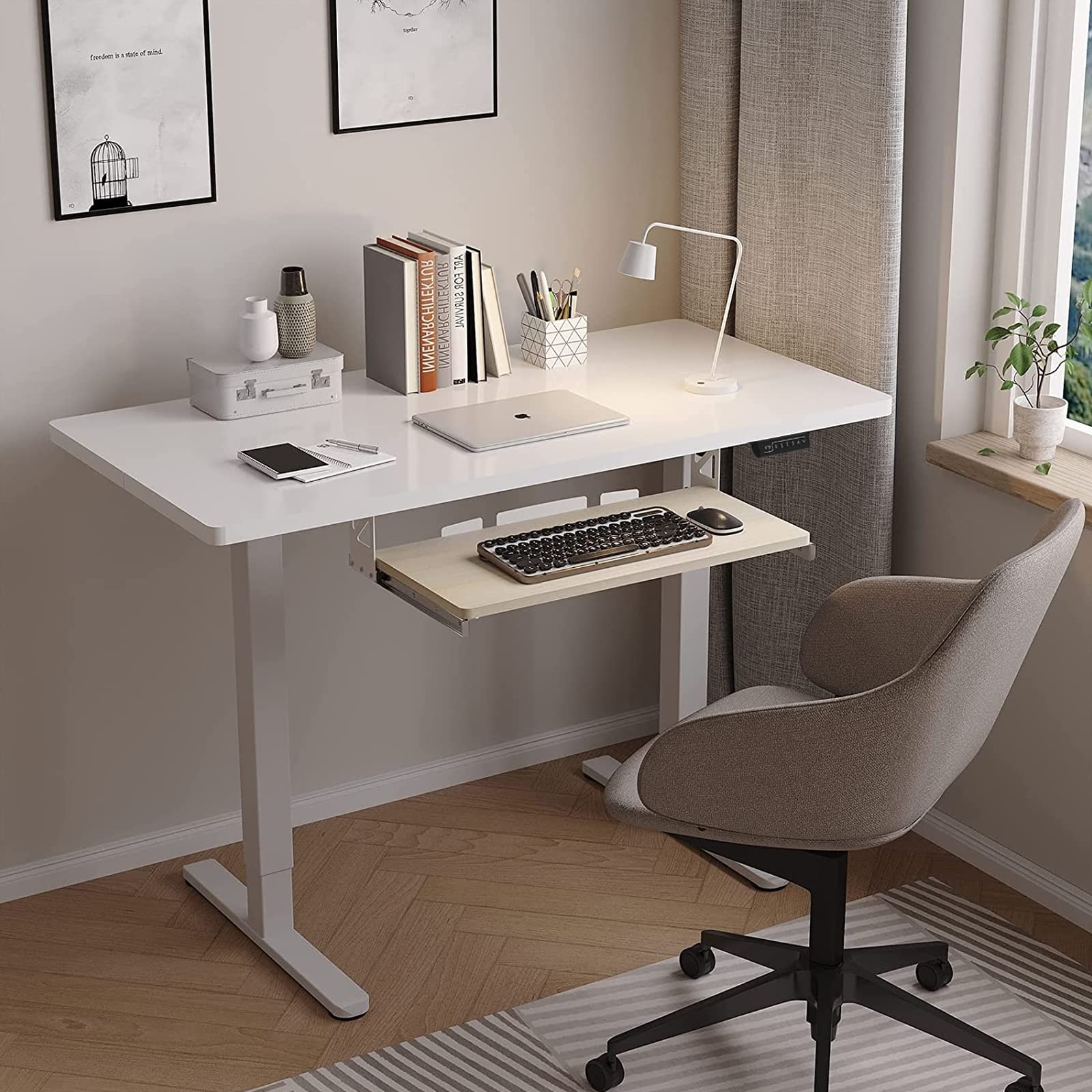 JOY worker White Electric Standing Desk with OAK Keyboard Tray, Splice Board 48 x 24 Inches Sit Stand Up Height Adjustable Desk with Memory Controller, Ergonomic Workstation for Home Office