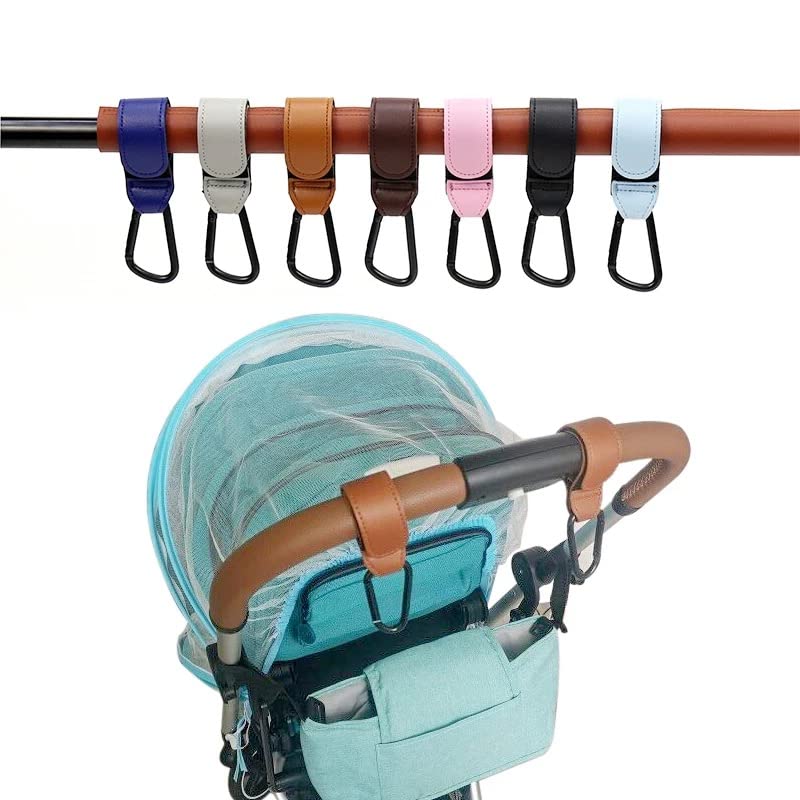 Stroller Hooks for Hanging Bags and Water Bottles | Universal Stroller Clips | Mommy Hooks Made of Vegan Leather (Black)