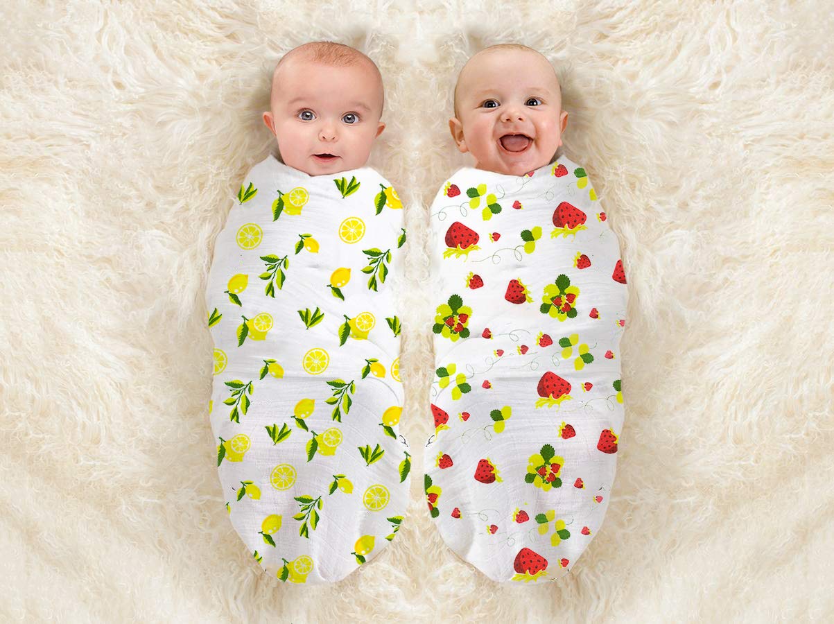 KloudBambu Muslin Swaddle Receiving Blankets, Strawberry Lemon, Extra Large Unisex Breathable Ultra Soft, Baby Registry Essentials