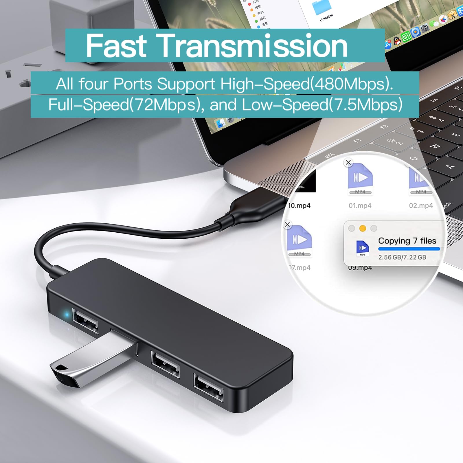USB Hub, 4-Port USB Hub Ultra Slim Portable USB Splitter for iMac Pro, Mac Mini/Pro, Surface Pro, Notebook PC, Laptop, USB Flash Drives, and Mobile HDD (USB Grey)