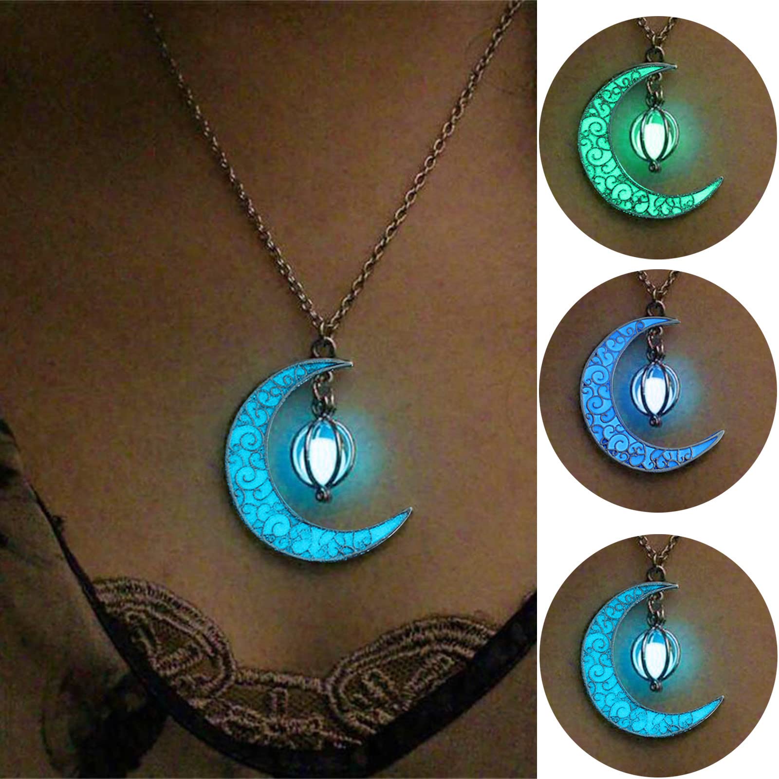 Pendant Necklaces for Women, Hollow Rotating Bead Luminous Moon Pendants, Luminous Enchanted Moonstone Necklace, Birthday Anniversary Jewelry Gift, One Size