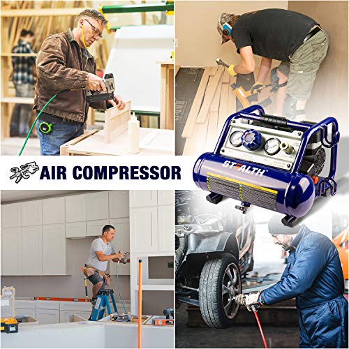 STEALTH Ultra Quiet Portable 1 Gallon Air Compressor, 1/2HP Max 125 PSI, Induction Motor, 0.8 CFM@90PSI, 1.3 CFM@40PSI, Oil-Free Maintenance Free Light Weight Electric Air Tools, SAUQ-1105