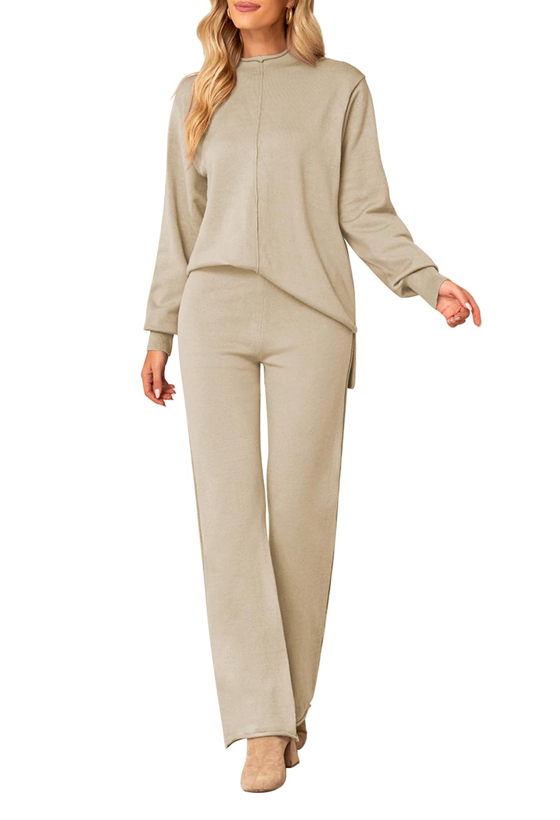 Linsery Womens Tracksuits Winter Casual Two Piece Set Women Knitted Loose Sweater Pullover Top Wide Leg Pants Suit Outfit Apricot Medium