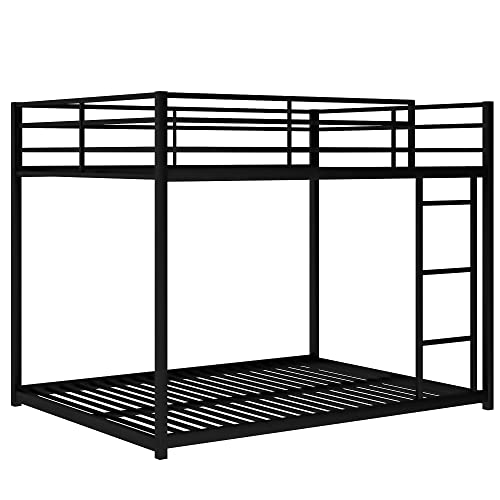 Merax Full Over Full Metal Heavy Duty Low Bunk Bed with Safety Guard Rails and Ladder, No Box Spring Needed, Black
