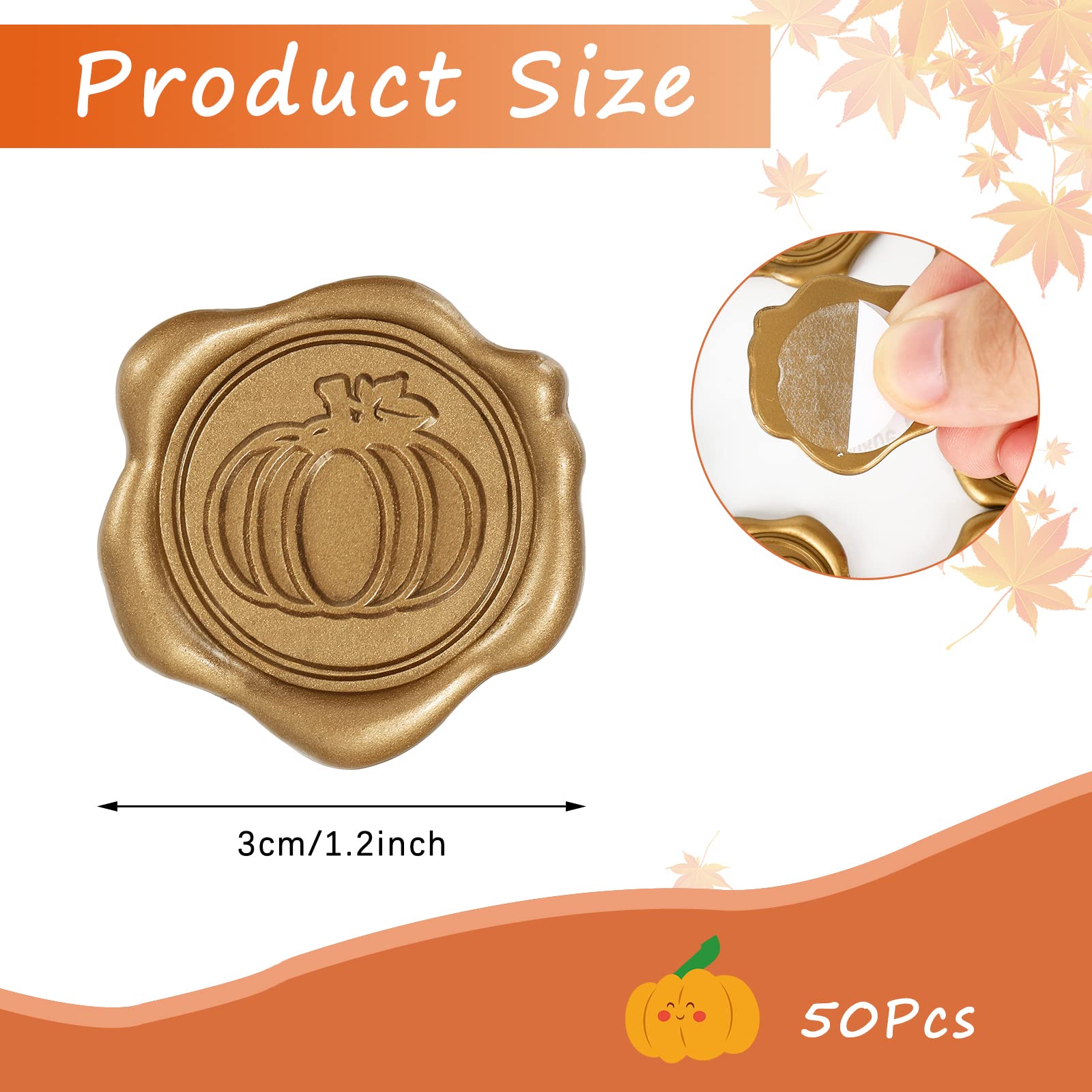Whaline 50Pcs Thanksgiving Wax Seal Stickers Fall Pumpkin Envelope Seal Stickers 3D Vintage Gold Self-Adhesive Embossed Stickers for Autumn Wedding Anniversary Greeting Cards Snail Mails Packages Gift