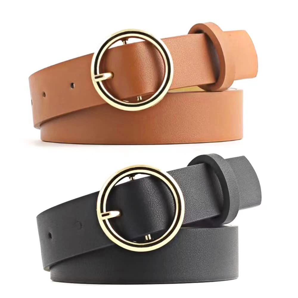 Sbecud 2 Pack Women's Leather Belts for Jeans Pants Fashion Gold Buckle Ladies Dress Belt