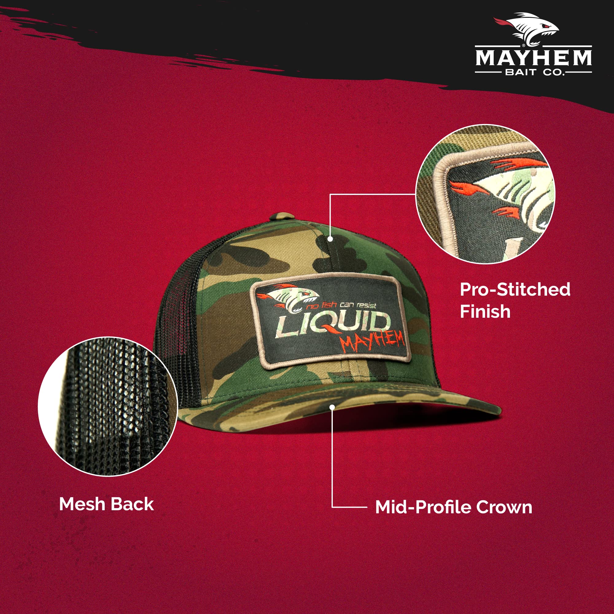 Liquid Mayhem Mayhem Bait Co Men’s Snapback Mesh-Back Hat, Fishing Apparel, Camo