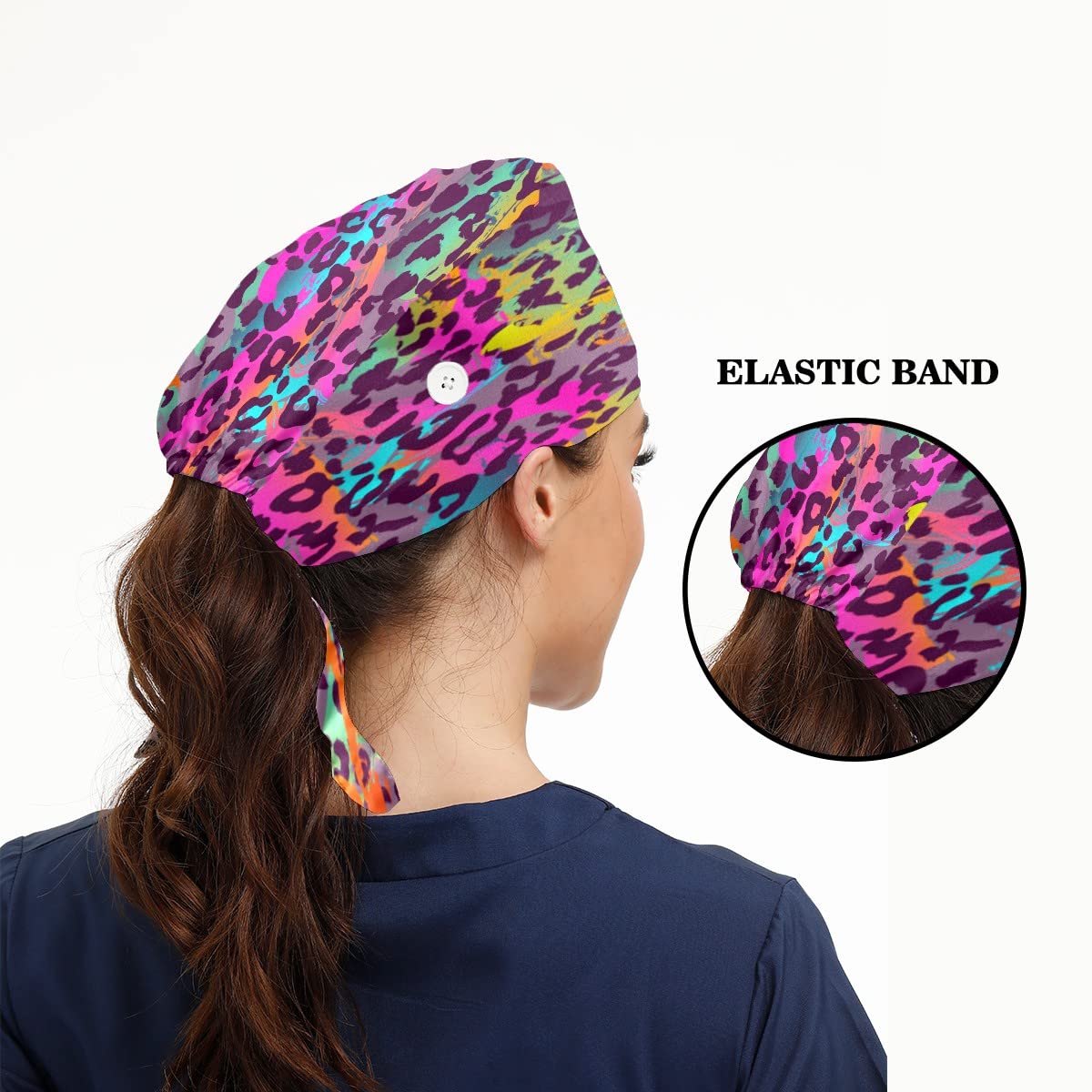 Rosy Watercolor Leopard Print Working Caps with Upgrade Sweatband Adjustable Bouffant Hats Working Cap with Button Unisex Head Cover