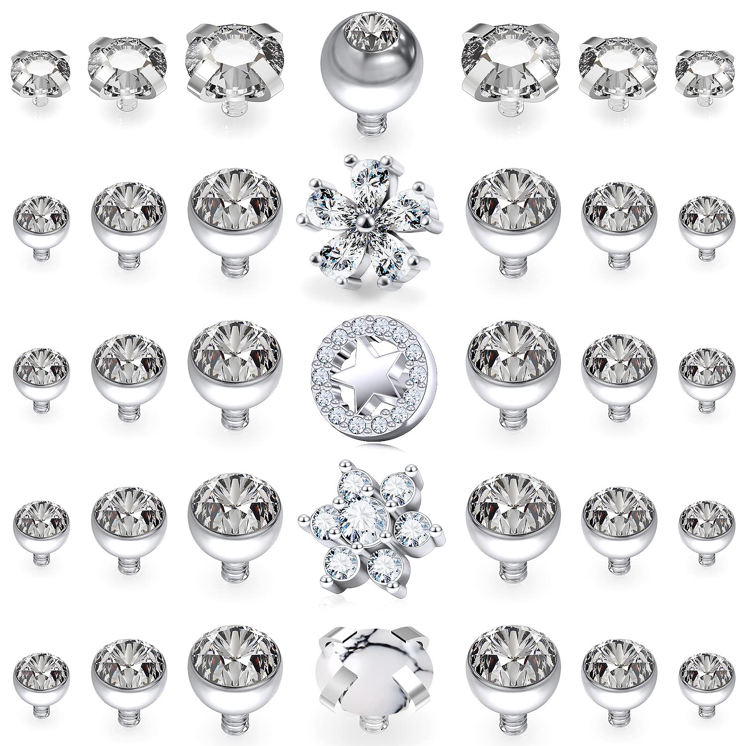 Ocptiy Dermal Piercing Jewelry Tops Kit 14G G23 Titanium Dermal Anchor Internally Threaded Stainless Surgical Steel Flower Heart Diamond Dermal Replacement Ring Stud Piercing Ball Jewelry Women Men