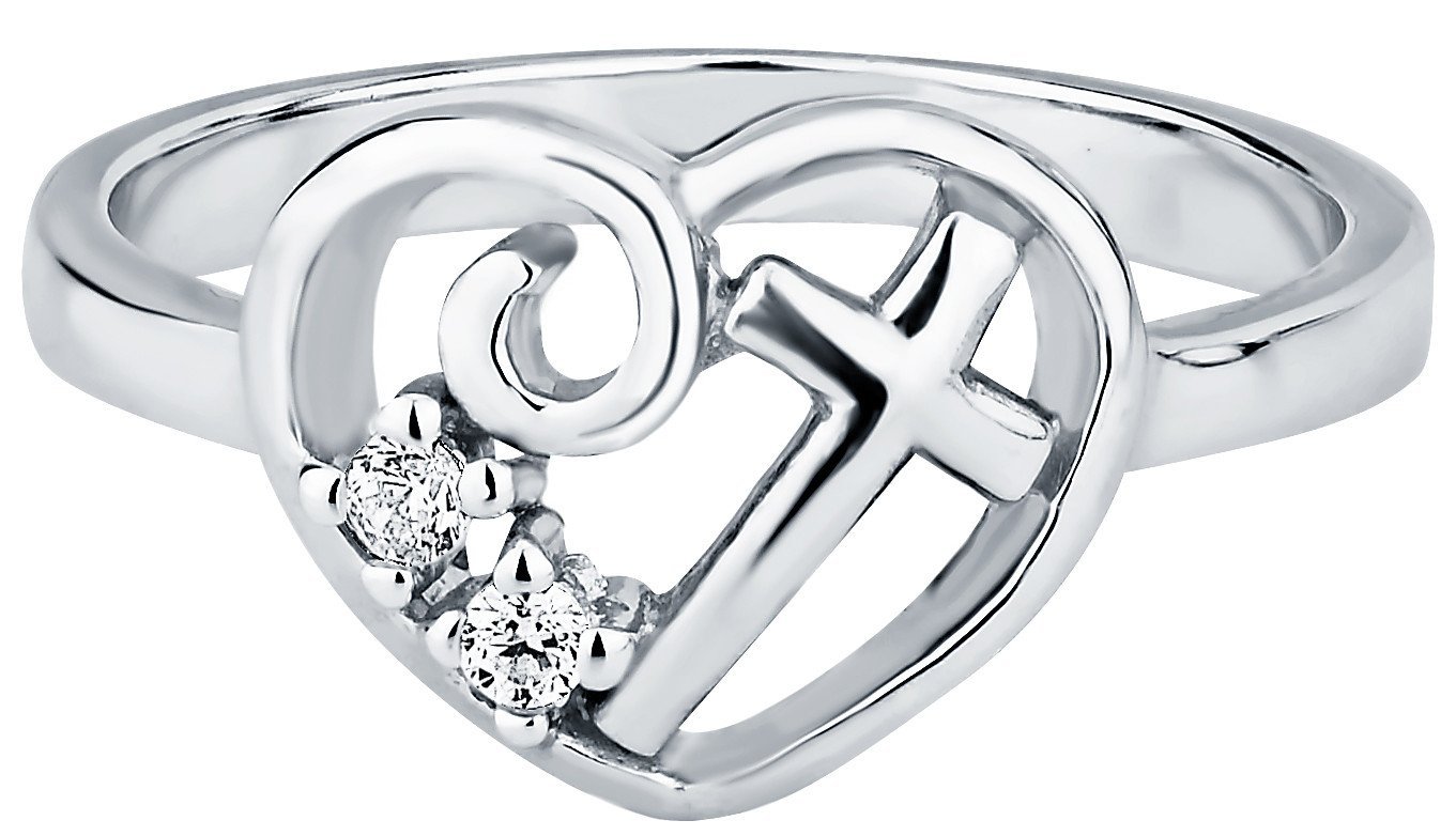 Kinzie Fashion Christian Promise Ring for Her: Sterling Silver CZ Simulated Diamond Heart & Cross Promise Ring, S9