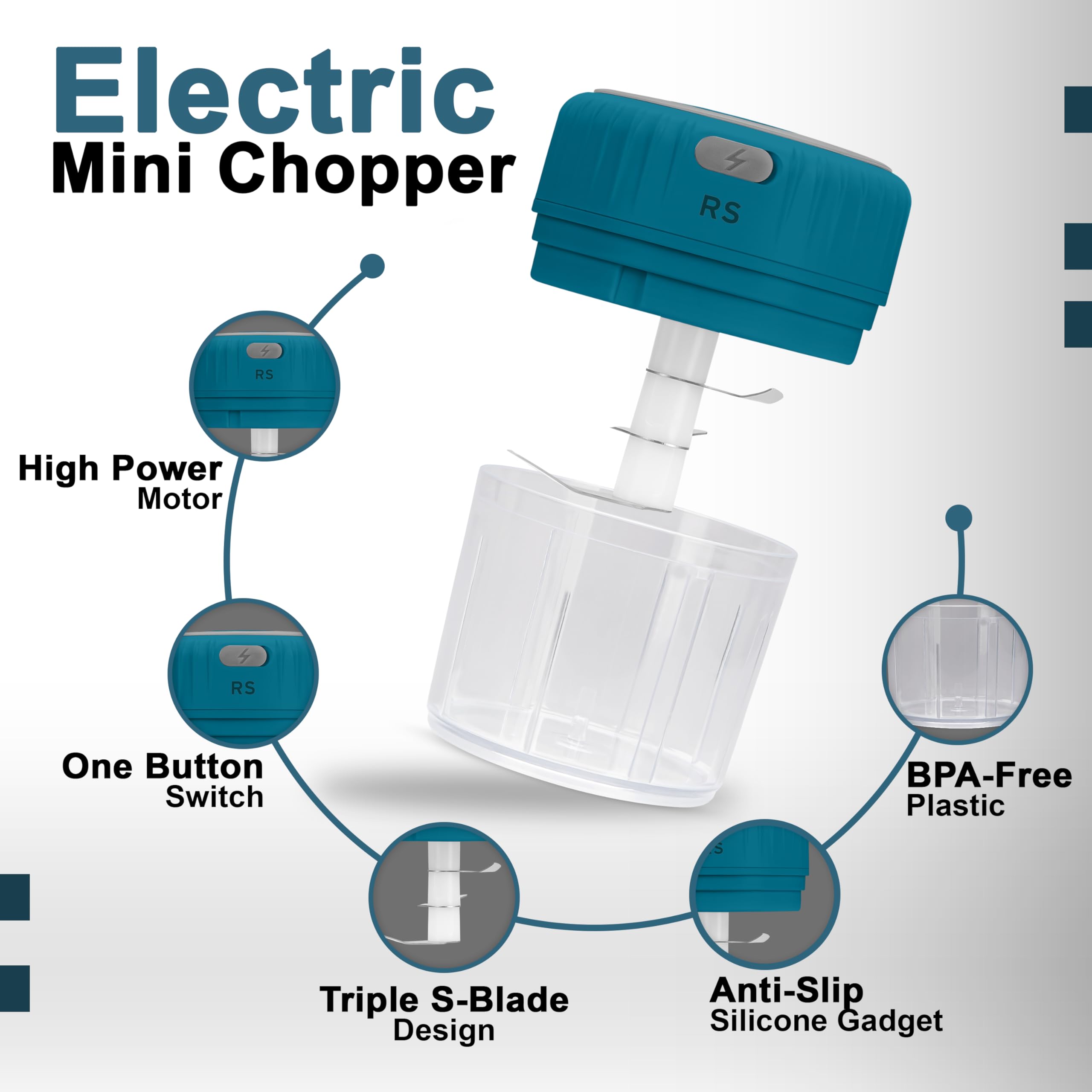 Real Simple Electric Mini Food Processor | Great for Garlic, Onion, Ginger, JalapeƱo, Mini Chopper for Quick Food Prep Station | Portable USB Charging, 250 ML Food Container | Blue