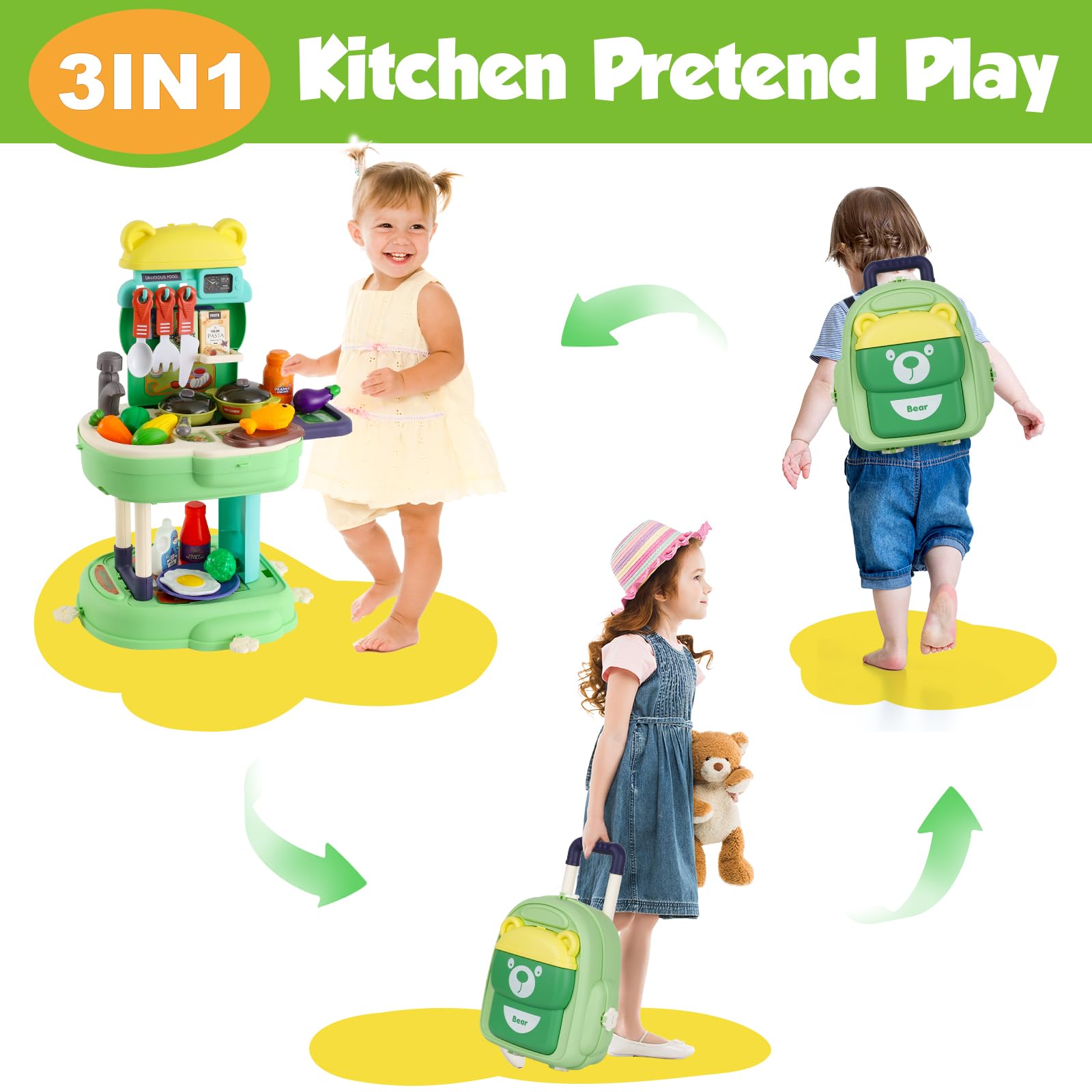 Kitchen Playset, 3 in 1 Kitchen Pretend Play Toys for Toddlers, 34 PCS Realistic Cooking Accessories for Girls Boys Age 3 4 5 6 7
