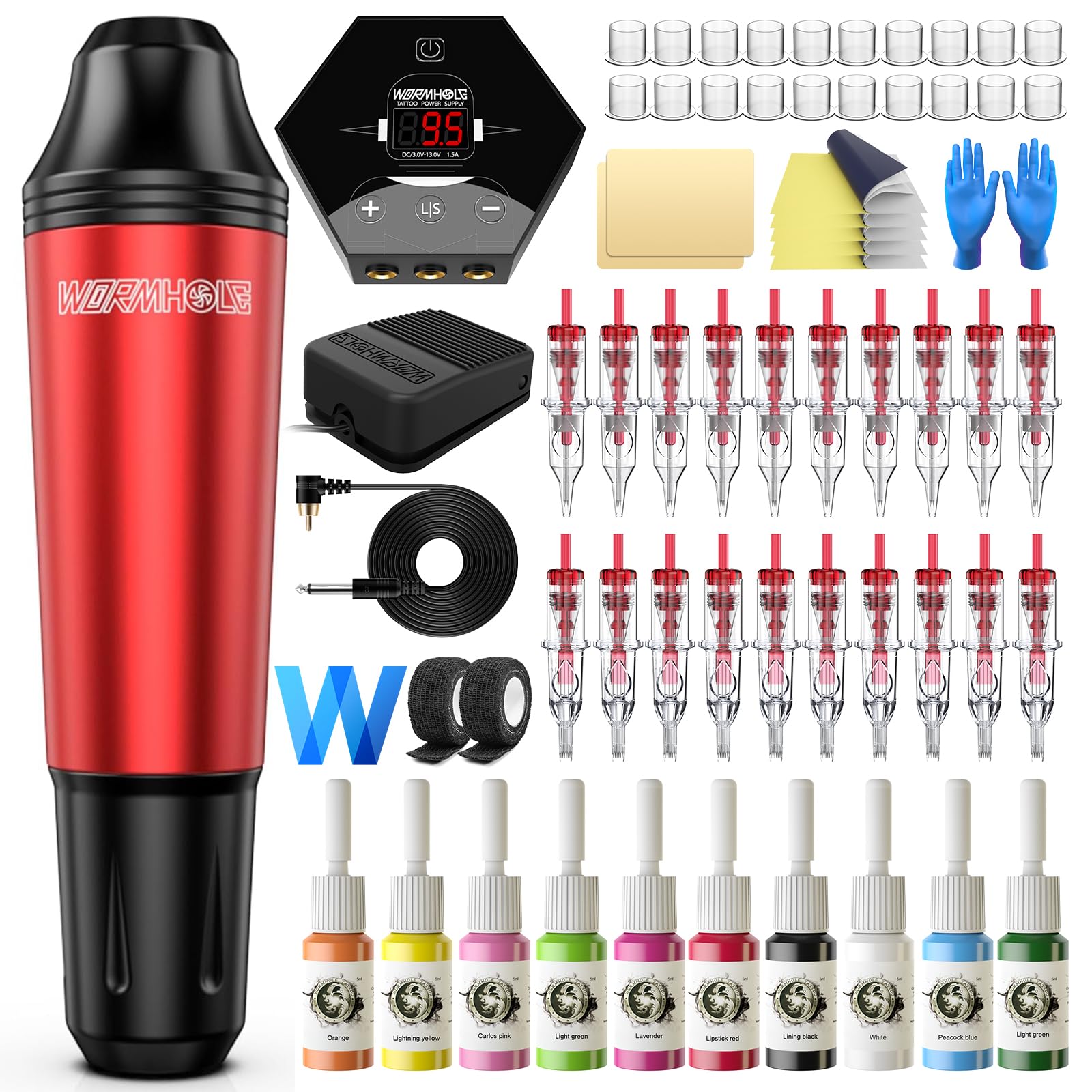 Tattoo Kit, Wormhole Tattoo Pen Kit/Rotary Tattoo Machine Pen for Beginners 10pcs Tattoo Cartridges Needles 5 Tattoo Ink, Professional Complete Tattoo Kit TK602