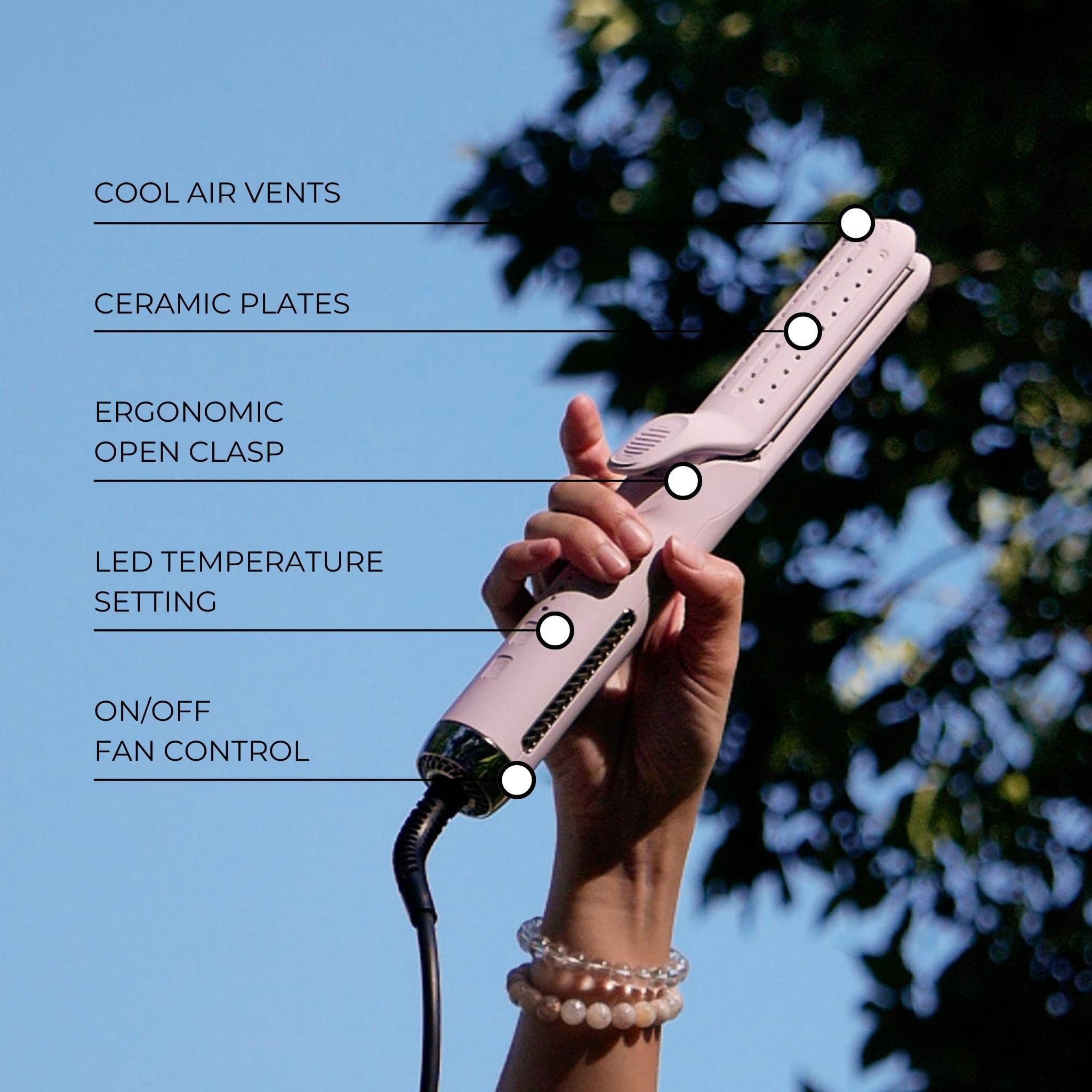 TYME Iron Air Professional Hair Styling Tool for Curling and Straightening w/ 5 Customizable Heat Settings, Optional Cool Air Fan, and Ceramic Plates, Aura