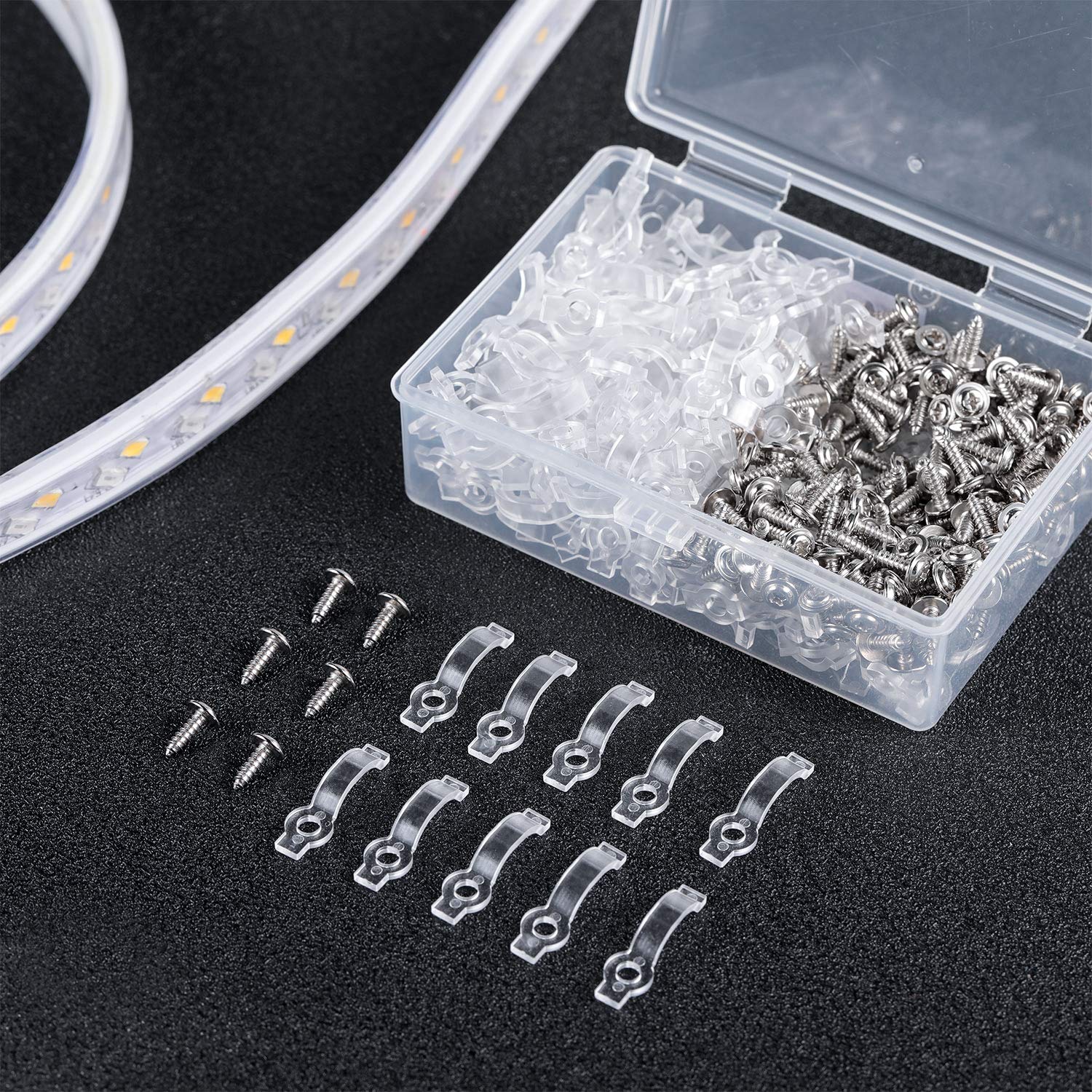 LED Strip Lights Clips Light Mounting Clips One Side LED Light Clips with Screws for 10 mm Wide Waterproof LED Strip Lights (200 Pack, Transparent)