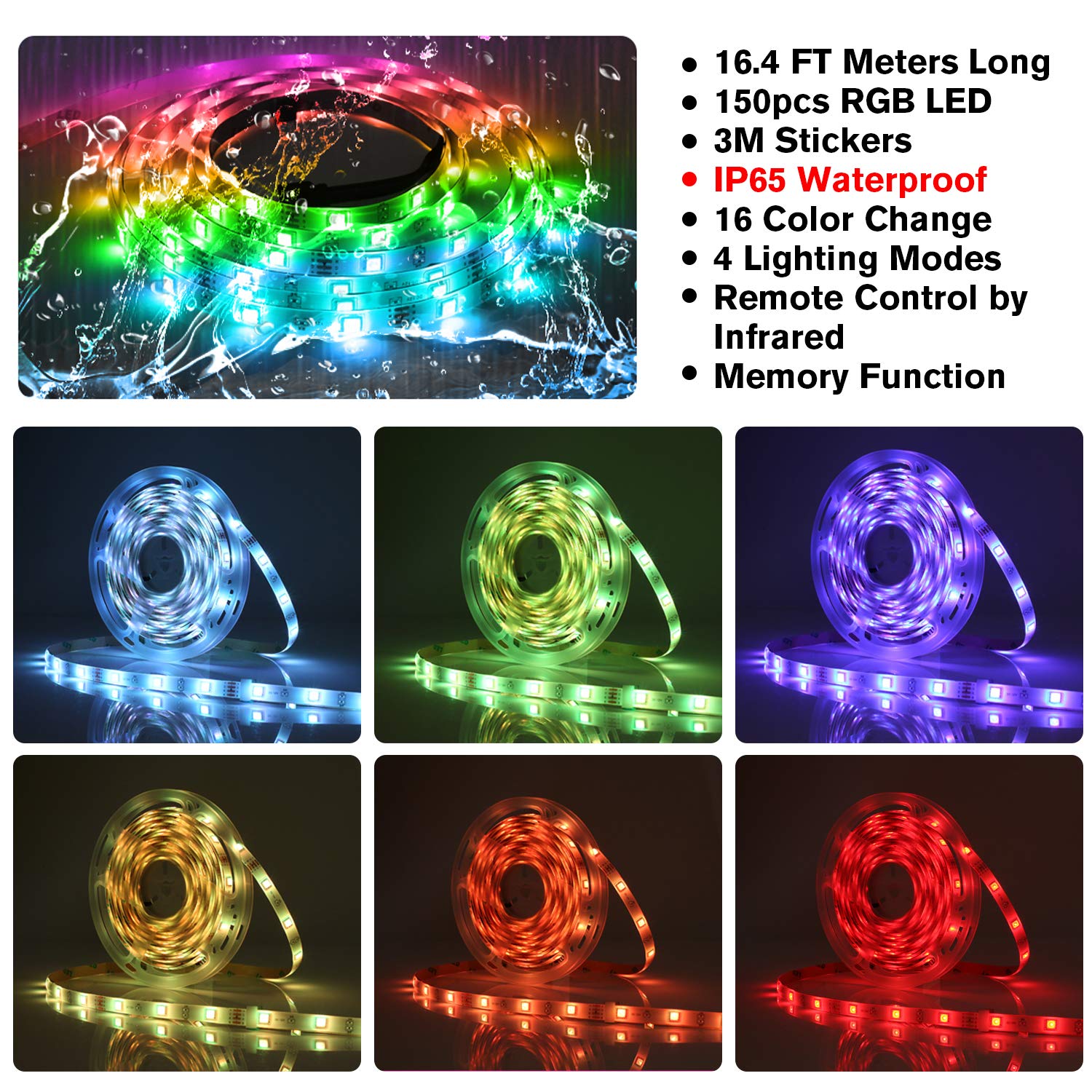 Led Strip Lights,16.4ft Color Changing Strips,RGB LED Light Strips,Dimmable Waterproof Flexible Strip Lights,with 44 Key Remote Controller and 12V Power Supply Tape Light for Bedroom Home Bar Party