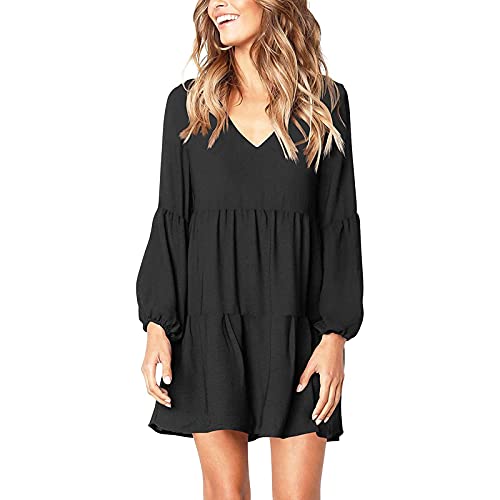 Pinkpaopao Splicing Solid Color Swing Dress for Women Lantern Long Sleeve Elastic Mini Dress Ruched Loose V Neck Dress